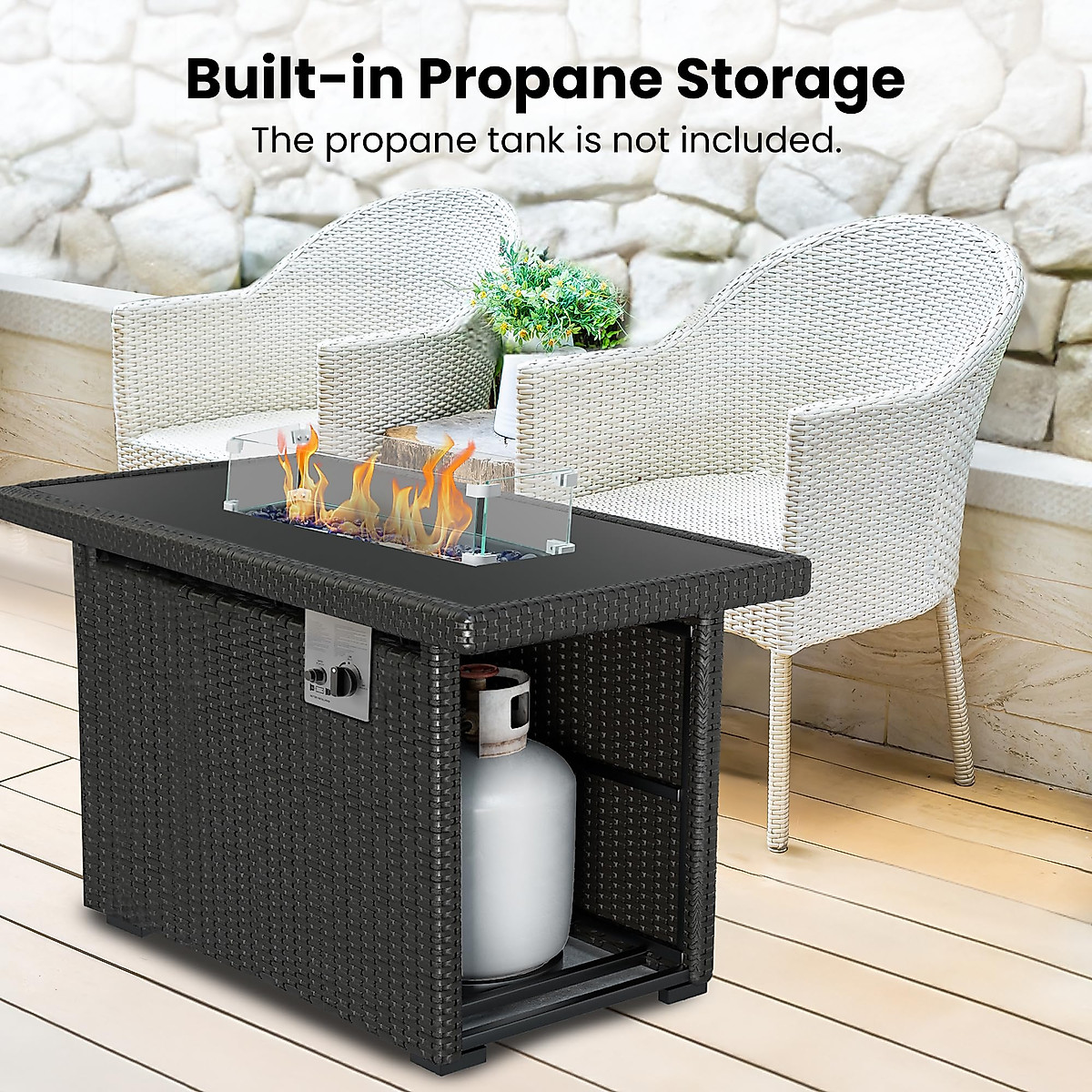 PRIMETEK 2-in-1 Fire Pit Table for Patio, Brown Wicker - 44", 50,000 BTU, Wind Guard, and Glass Rocks (FPH-BRN) (44 x 32 x 24 inch)