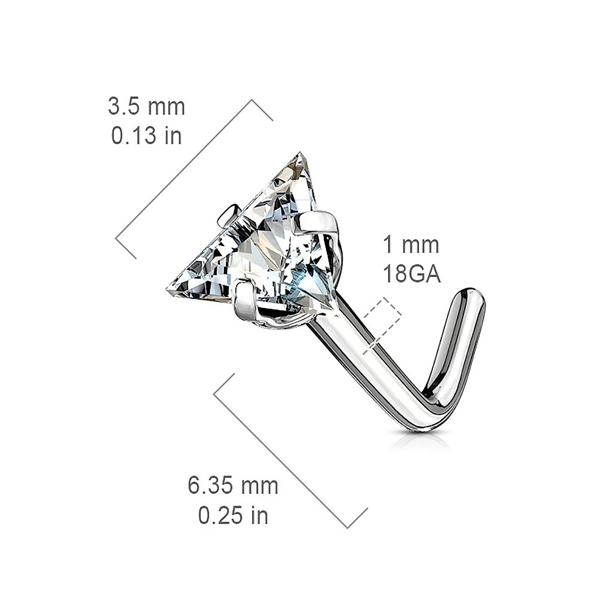 FIFTH CUE Triangle CZ Top 316L Surgical Steel L Bend Stud Nose Ring (18G | 1/4" (6mm) | 3.5mm)