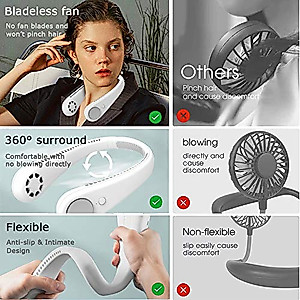 Portable Personal Bladeless Neck Fans, USB Rechargable Hanging Necklace Bladeless Fan, Hand Free Wearable Neck Fan Battery Operated Personal Fan 4 Speeds 360 Degree Free Rotation Air Cooling for Outdoor Activity (White)