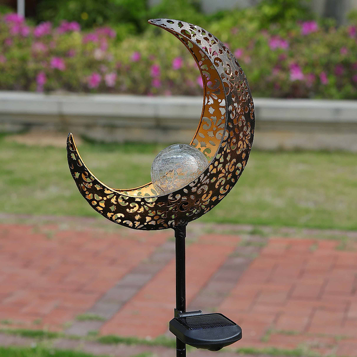 Joyathome Garden Solar Stake Lights Pathway Outdoor Moon Crackle Glass Globe Stake Metal Lights, Waterproof Warm White LED for Lawn, Patio or Courtyard