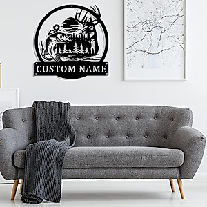 Custom Deer Fish Metal Sign, Personalized Deer Fish Sign, Customized Name Deer Hunting Metal Signs, Sun Forest Deer Metal Wall Art Home Wall Decor Sign, Personalized Gifts for Hunter Men
