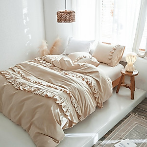 Simple&Opulence Ruffled Linen Duvet Cover Set 3Pcs with Vintage Shabby Chic Multiple Frills (1 Comforter Cover & 2 Pillowcases) Natural Flax Cotton Blended Luxury Bedding - Linen, Queen Size