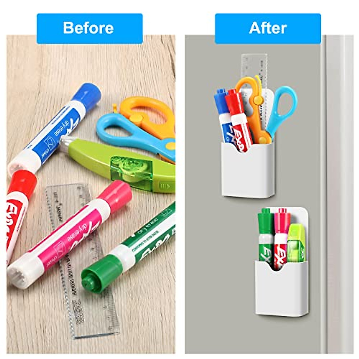 CASEBOT Magnetic Marker Holder, Pen Holder for Whiteboard or Fridge, Magnet Pencil Cup Storage Organizer for Office, Home, Locker and Metal Cabinets, 2 Pack, White