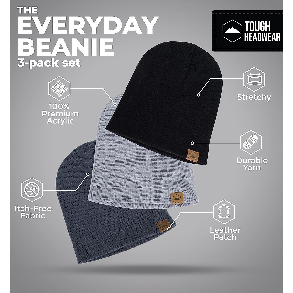 Tough Headwear Daily Knit Beanie - Beanies Hats for Men - Winter Hats for Men & Women - Warm Knitted Hats for Cold Weather & Stocking Cap