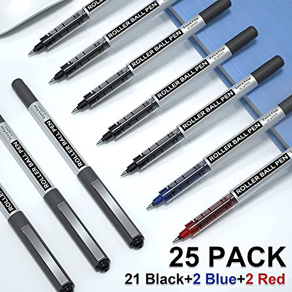 Shuttle Art RollerBall Pens, 25 Pack(21 black 2 blue 2 red) Fine Point Roller Ball Pens, 0.5mm Liquid Ink Pens for Writing Journaling Taking Notes School Office