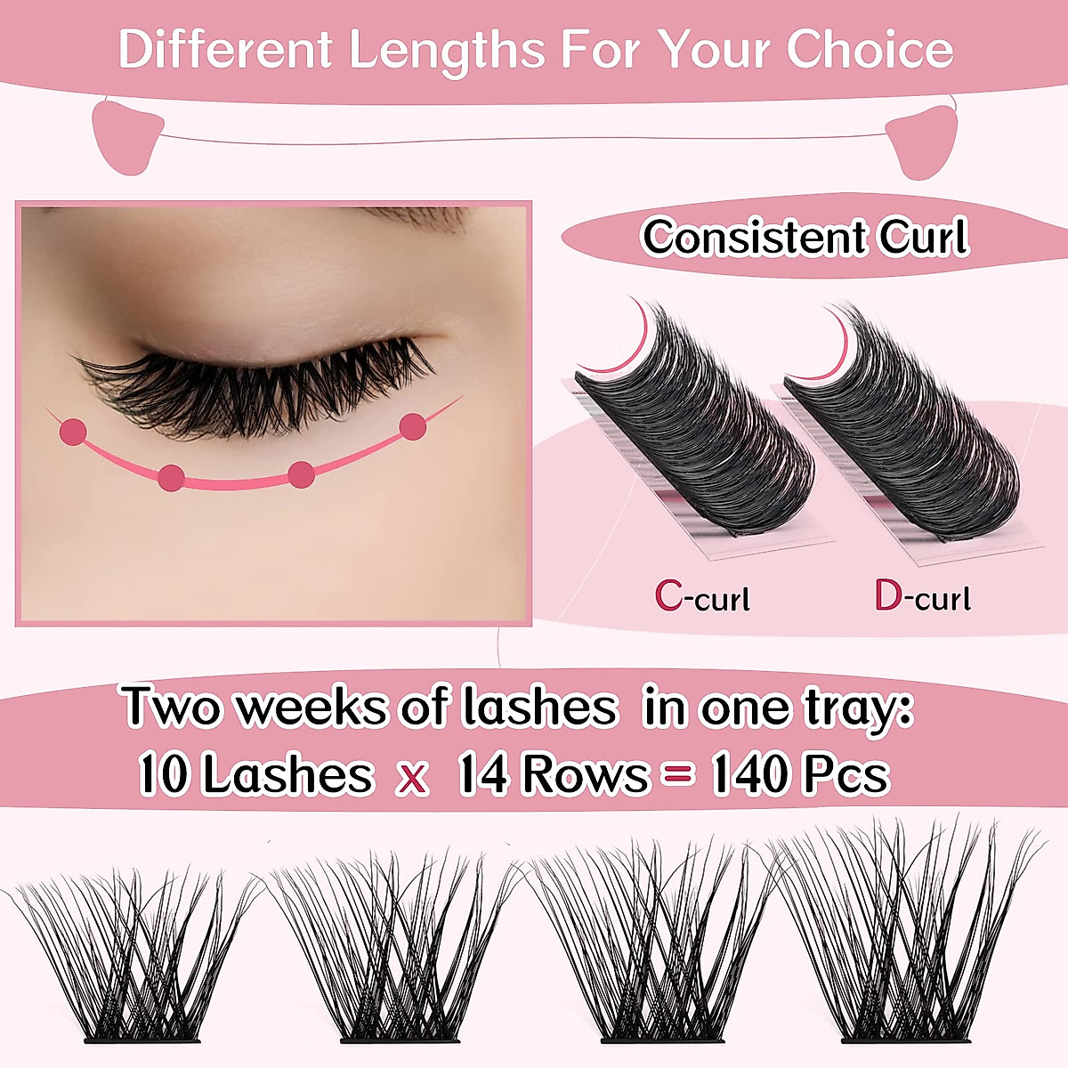 Lash Clusters 140 Pcs Cluster Lashes 14 Pairs Eyelash Clusters DIY Eyelash Extension Individual Cluster Eyelashes Mix Length Fluffy Super Thin Band Reusable Soft & Comfortable(Flipped-D-mix)