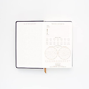 Designworks Ink Cloth Hardcover Journal Notebook with Lined Pages and Ribbon Marker for Work, Writing, Journaling - Charcoal Blue Journal with Gold Moon Phases and Affirmations 5.125" x 8.25"