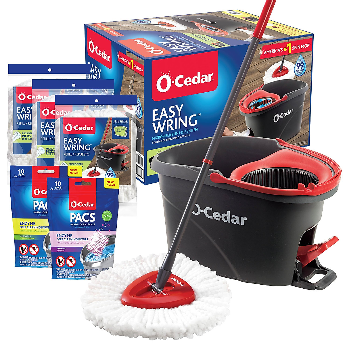 O-Cedar System Easy Wring Spin Mop & Bucket with 3 Extra Refills with Citrus and Lavender Pacs (Variety Pack)