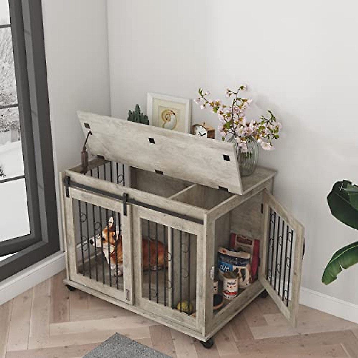 Rophefx Dog Crate Furniture with Sliding Door, Dog Kennel Indoor with Partition for Two Puppies, Dog Cage with Flip-up Top and Wheels, Chew-Resistant Wooden Dog House, Grey