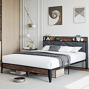 King Size Bed Frame with USB Ports, Platform Bed Frame with Storage Headboard, Solid Wood Slats Support, No Box Spring Needed, Noise-Free, Light Gray