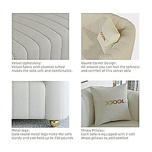 Lkvkvri 83 inch White Velvet Couch Wide Modern Loveseat Chesterfield 3-Seat Couch Sofa 750 lbs Weight Capacity with 2 Throw Pillows for Living Room