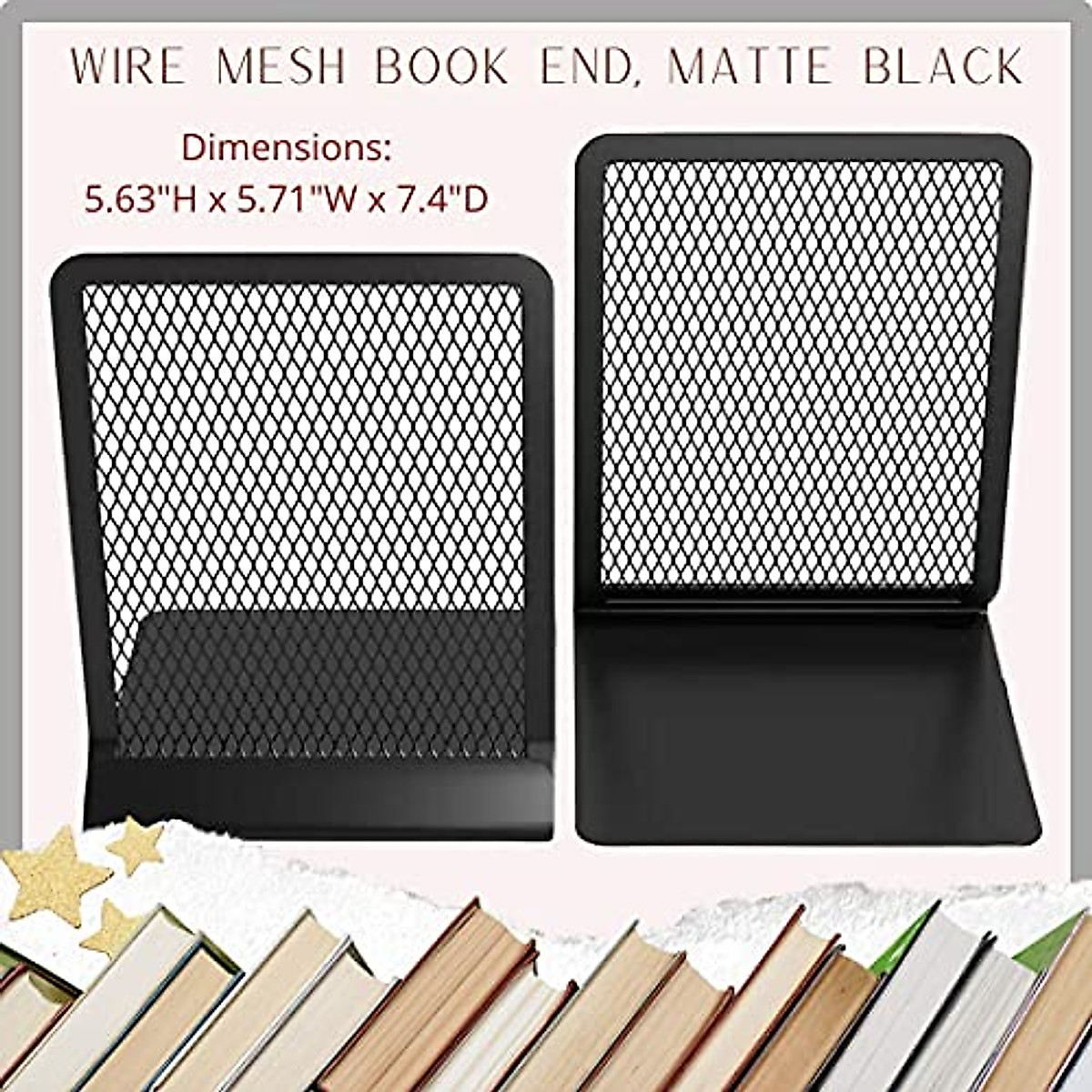 1InTheOffice Bookends for Shelves, Metal Mesh Bookends Heavy Duty, 5.71" Wire Mesh Book Ends, Matte Black, Each, 2 Pairs