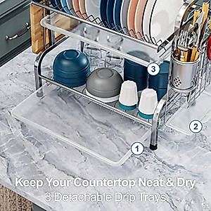 GSlife Stainless Steel Dish Drying Rack Rustproof 2 Tier Dish Rack for Kitchen Counter with 3 Drainboards, Tiered Dish Drainer with Utensils Holder,Cutting Board Holder, Silver