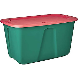 Homz Holiday Plastic Storage Tote Box, 32 Gallon, Greed With Red Lid, Stackable