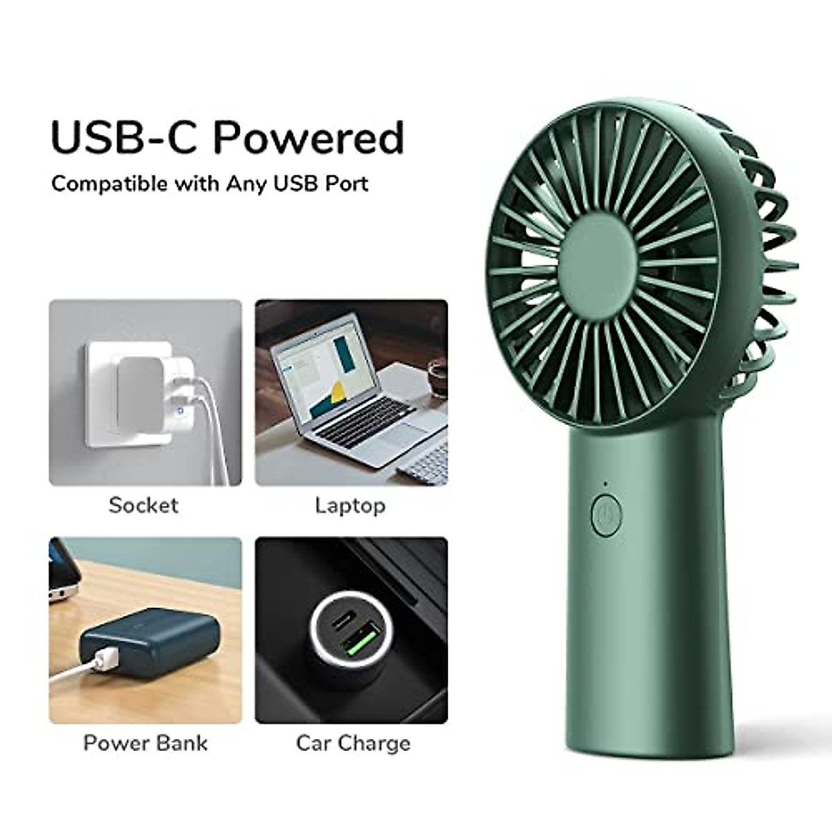 JISULIFE Handheld Fan, 4000mAh Portable Hand Fan, Mini Personal Rechargeable Hand Held Fan, Max 16Hrs Battery Operated USB Small Fan with 3 Speeds for Outdoor Travel Commute Office Women Men-Green