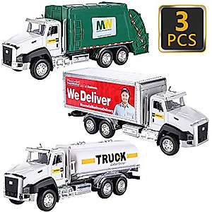 G.C 3 Pack Diecast Transport Vehicles Truck Toys Set Garbage Truck Tanker Delivery Truck 1:50 Scale Pull Back Metal Model Car Toys for Boys