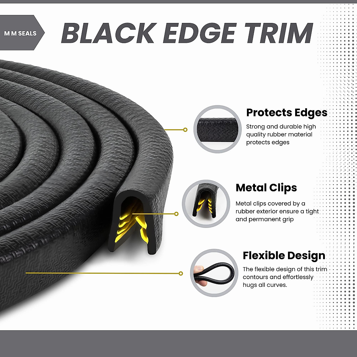 M M Seals - Edge Trim Black Fits 1/5 Inch (4.9mm), Leg 0.65 Inch (16.6mm), Length 15 Feet (4.6Meter) - Protective Edging Strip for Car Door Seal & Boat
