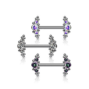 Dynamique Implant Grade Titanium Nipple Barbells With Bezel Set CZ and Micro Ball Cluster Internally Threaded Ends (Sold Per Pair Or Per Piece)