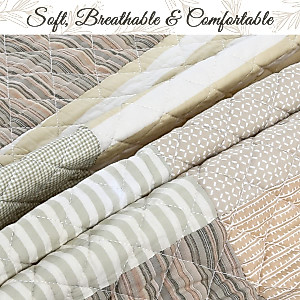 Cozy Line Home Fashions 100% Cotton Reversible Quilt Bedding Set, Classic Taupe Tan Striped Patchwork All-Season Coverlet Bedspread (Winter Plains, Queen-3 Piece)