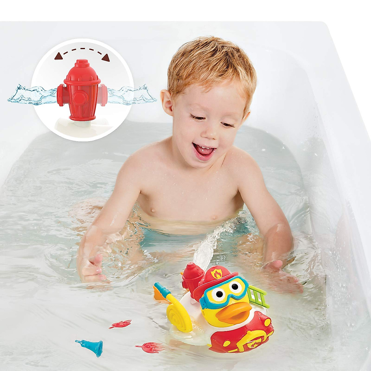 Yookidoo Jet Duck Firefighter Bath Toy with Powered Water Hydrant Shooter - Sensory Development & Bath Time Fun for Kids - Battery Operated Bath Toy with 15 Pieces - Ages 2+