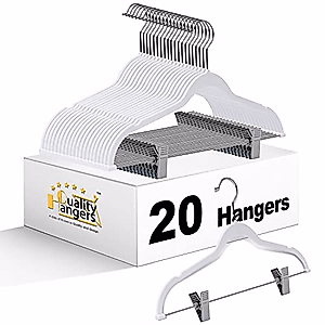 Quality Plastic Non Velvet Non-Flocked Thin Compact Coat Hangers with Metal Clips for Skirts Pants Blouses 360° Swivel Hook (White, 20)