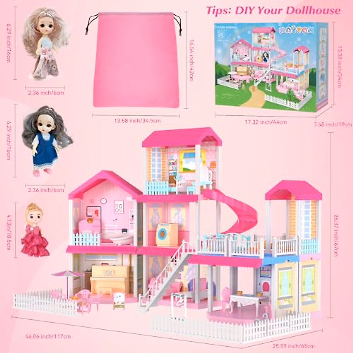 Doll House, Dream House for Girls 3 Stories 7 Rooms Dollhouses with 3 Dolls Toy Figures, Swim Pool, Slide, Furniture and Accessories, Pretend Playhouse Gift Toy for Kids Ages 3 4 5 6 7 8+
