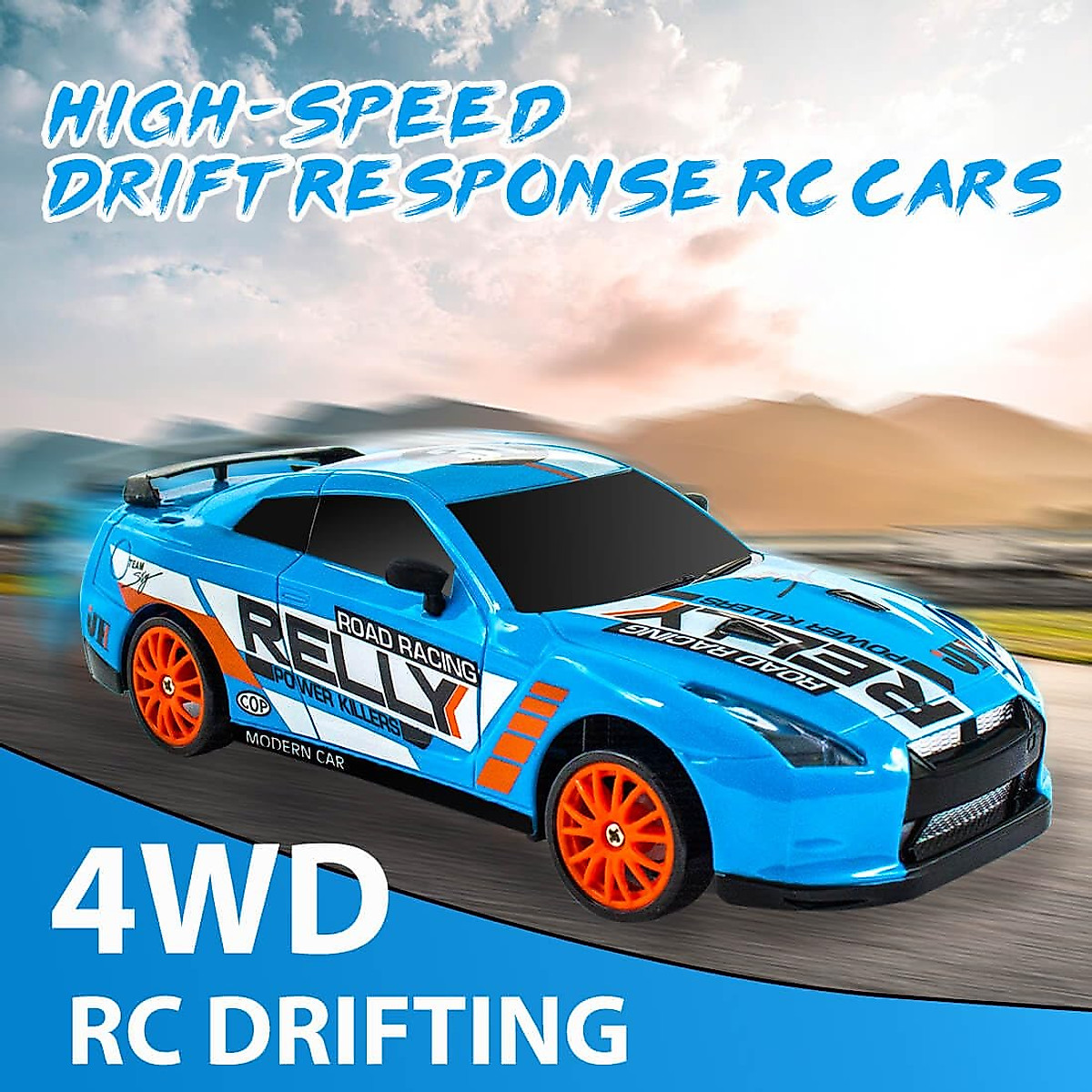 AGNEVE RC Drift Car 1:24 Scale RC Car with LED Lights Glow and Drifting Tires 2.4GHz Remote Control Car 4WD 14KM/h High-Speed RC Cars with 2 Rechargeable Batteries Boys Girls