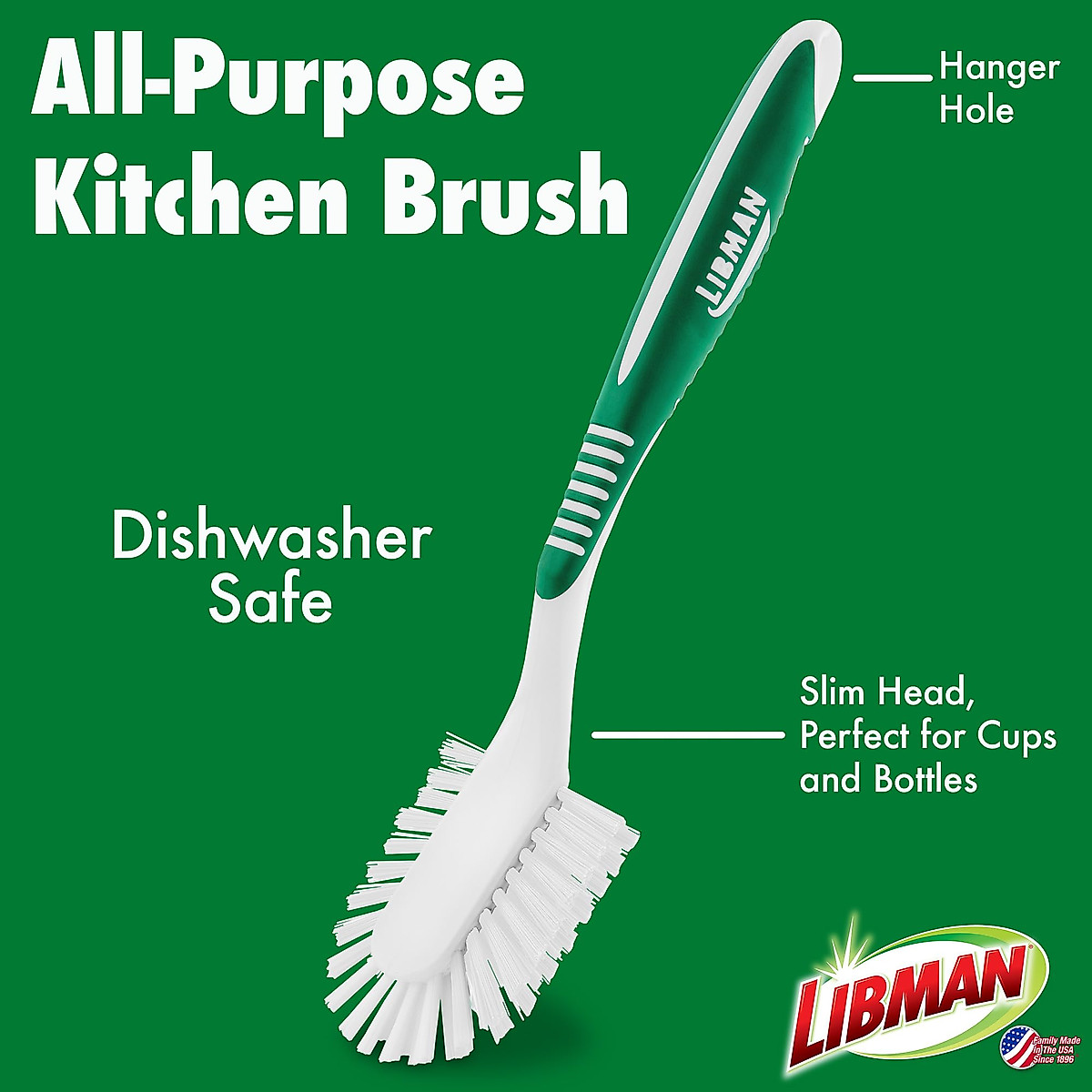 Libman Green & White Cleaning Brush Kit, 3-Piece Set, All-Purpose Brushes for Kitchen, Basins, Sinks, Dishwashers