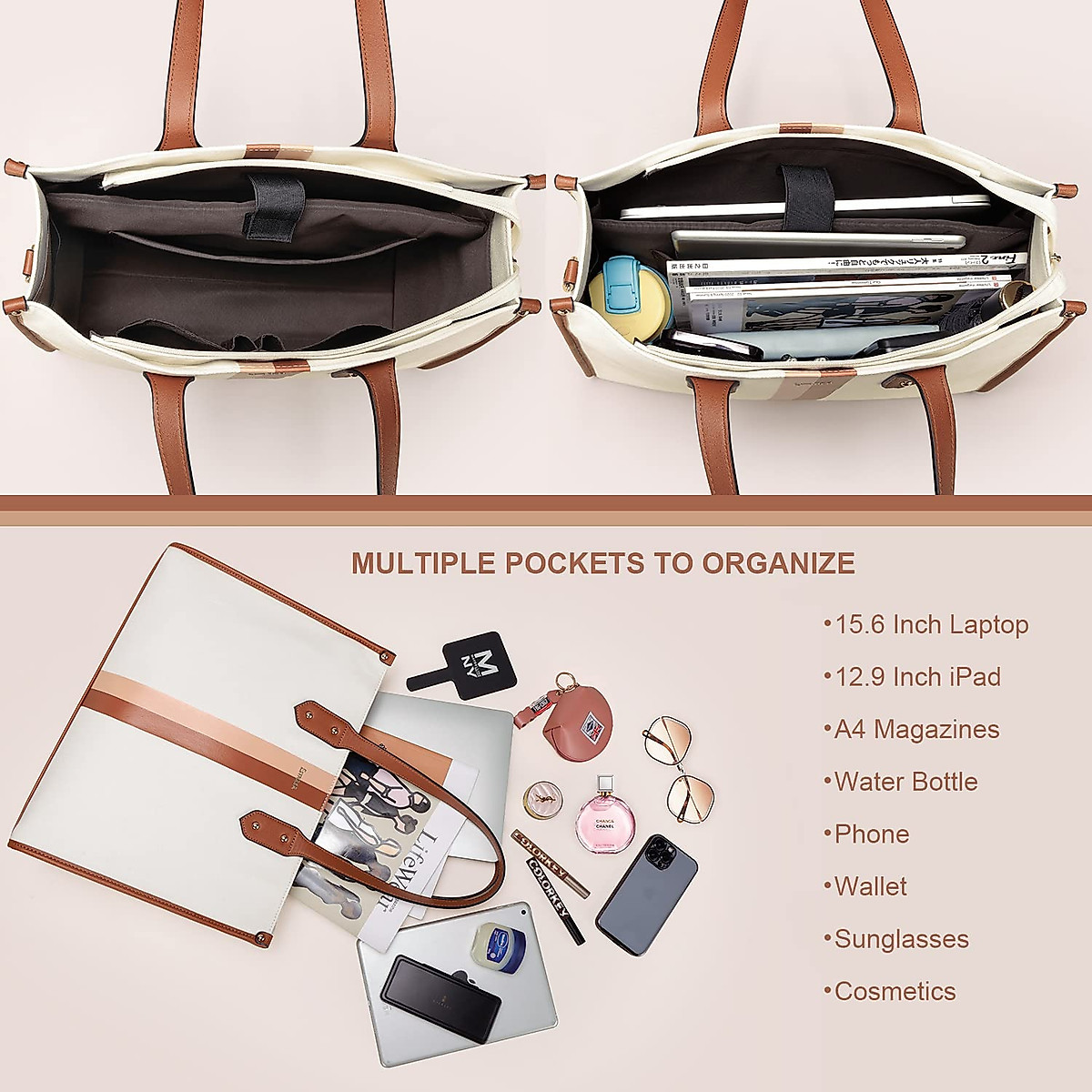 ESTARER Laptop Tote Bag 15.6 Inch, Women Laptop Bag Water-resistant Canvas Work Bag, Casual Shoulder Bag Handbag Briefcase Purse for Office/College/Travel