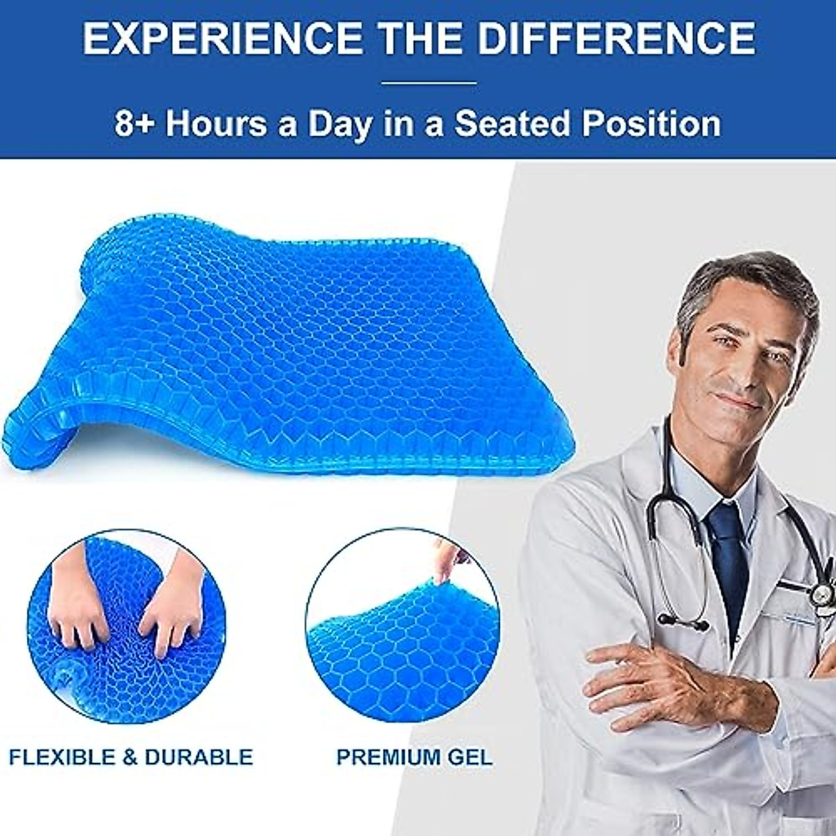 Super Large Gel Seat Cushion for Long Sitting - 19inch Office Chair Car Seat Wheelchair Cushion for Coccyx, Sciatica, Back, Tailbone Pain Relief - Cool, Soft & Breathable Pillow with Non-Slip Cover