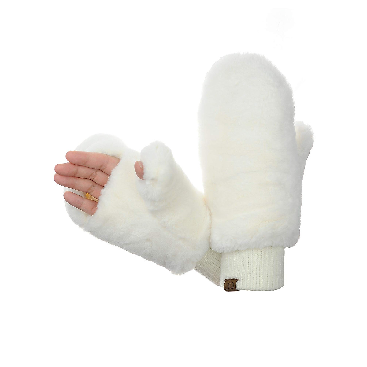 C.C Women's Faux Fur Wrist Length Fingerless Sherpa Lined Convertible Mittens Gloves-Ivory