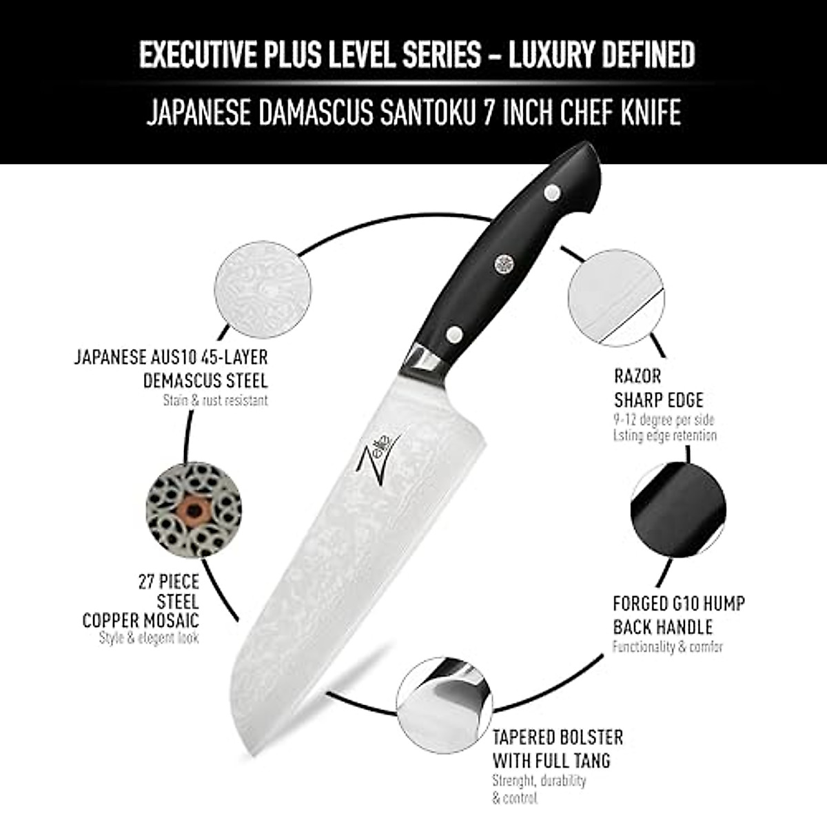 Zelite Infinity 7 Inch Santoku Knife - Japanese Chef Knife with Deep 53mm Blade; Japanese AUS-10 Super Steel 45-Layer Damascus Kitchen Knife with Tsunami Rose Damascus Pattern - Luxurious Gift Box