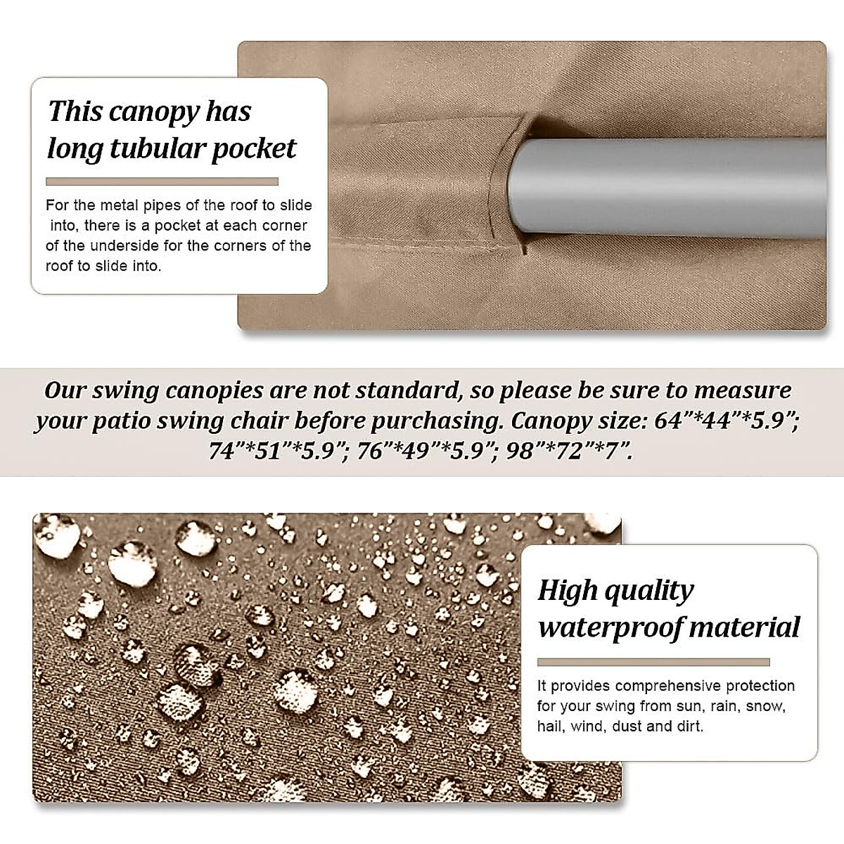 Timoau Porch Swing Canopy, Replacement Waterproof Swing Top Cover, 3 Seater Garden Swing Seat Canopy Cover，Durable Outdoor Sun Shade Patio Swing Canopy Awning (Khaki, 77 * 43)
