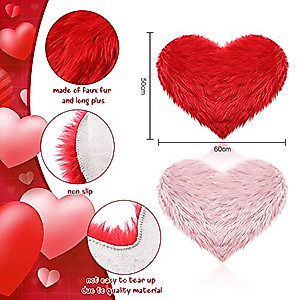 2 Pieces Valentine's Day Fluffy Faux Area Rug Heart Shaped Rug Fluffy Room Carpet 20 x 24 Inch Long Plush Room Carpet Entrance Welcome Mat Carpet for Home Living Room Sofa Floor Decorative Red Pink