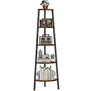 Pipishell Corner Shelf, 5 Tier Bookshelf Bookcase, Industrial Corner Bookshelf Plant Shelf for Bedroom, Living Room, Office, Kitchen, Display Shelf & Storage Ladder Corner Shelf, Rustic Brown