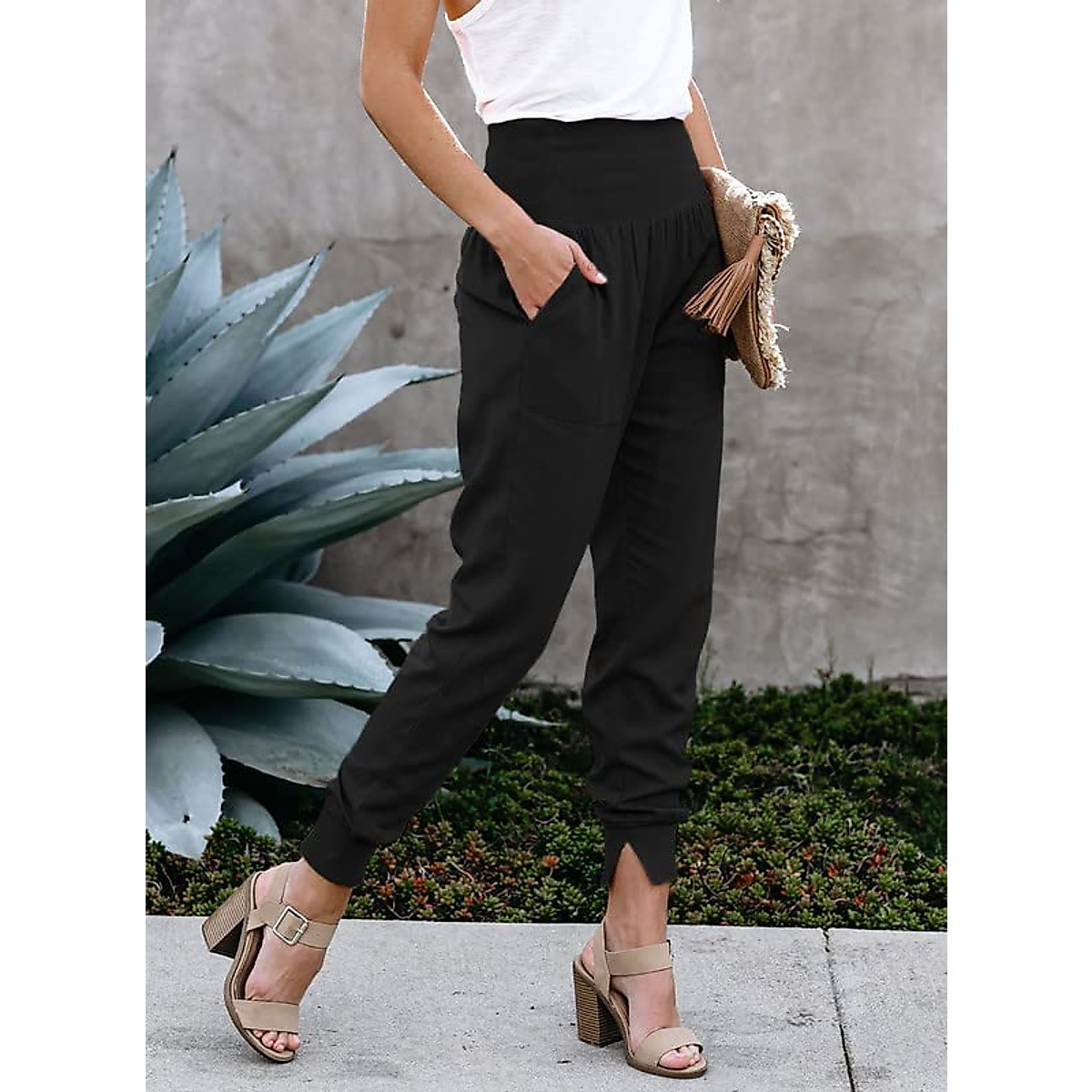 Dokotoo Womens Fashion Casual Summer Side Pockets Solid High Waistband Cotton Comfortable Jogging Joggers Pants Sweatpants Black US 16 18 X-Large