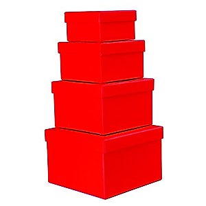 Cypress Lane Square Rigid Gift Box, a Nested Set of 4, 3.5x3.5x2 to 6x6x4 inches (Red)