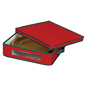 Household Essentials Holiday China Storage Chest with Lid and Handles | Charger Plates and Platters | Red Canvas with Green Trim