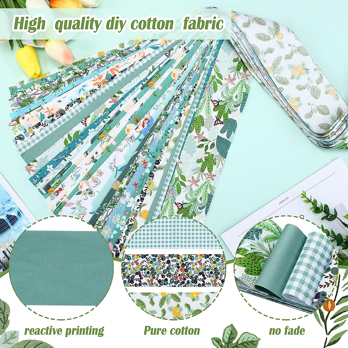 Kingdder 70 Pcs Floral Cotton Fabric Patchwork Roll 2.55 x 39.4 Inch Cotton Quilting Fabric Roll up Cotton Fabric Quilting Strips Precut Patchwork Roll for Craft Sewing DIY Crafts(Green Flower)