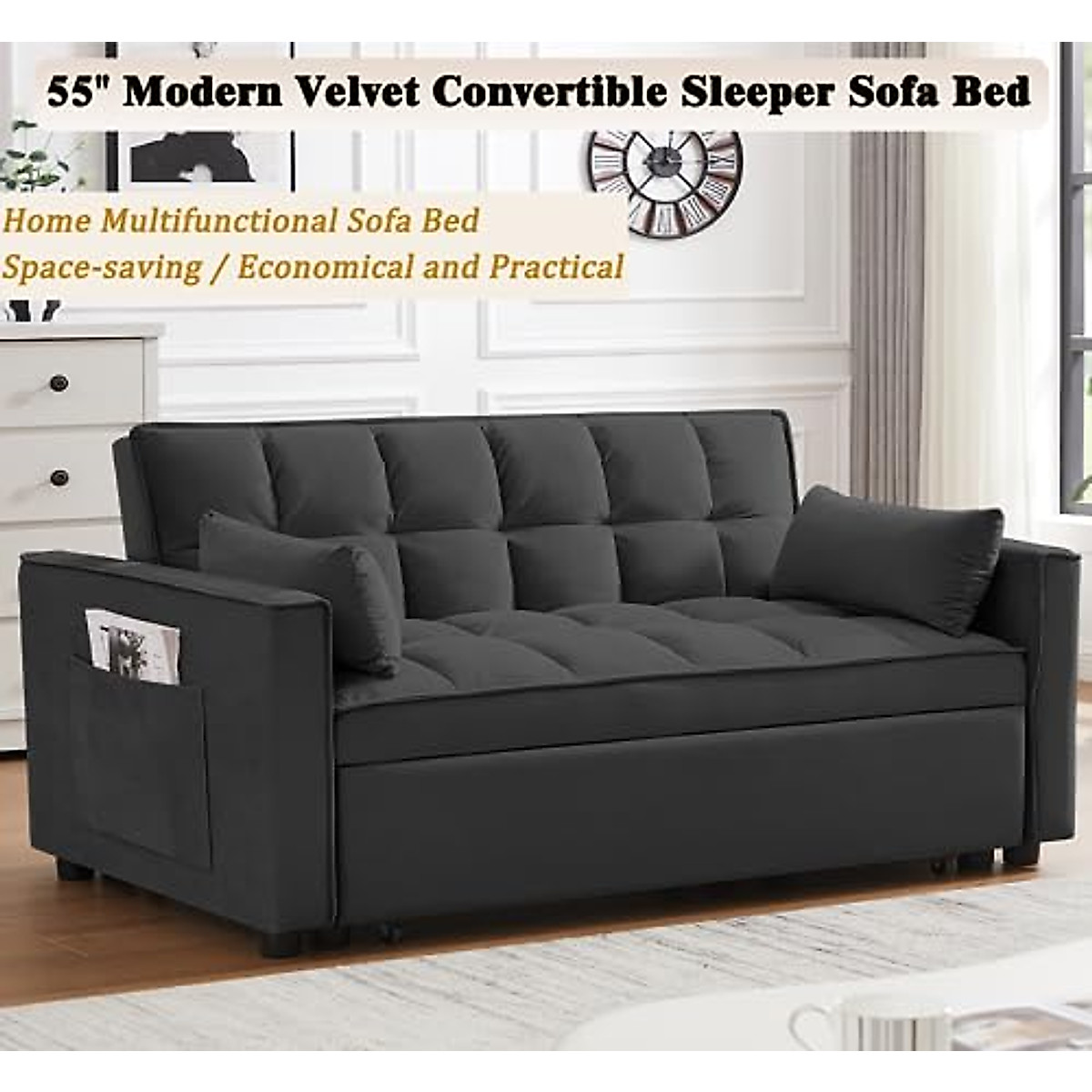 Lin-Utrend 55''Convertible Sleeper Sofa Couch with Adjustable Backrest, Modern Velvet 2 Seater Sofa with Pull-Out Bed with 2 Pillows, Small Love Seat Lounge Sofa Bed for Small Space (Black)