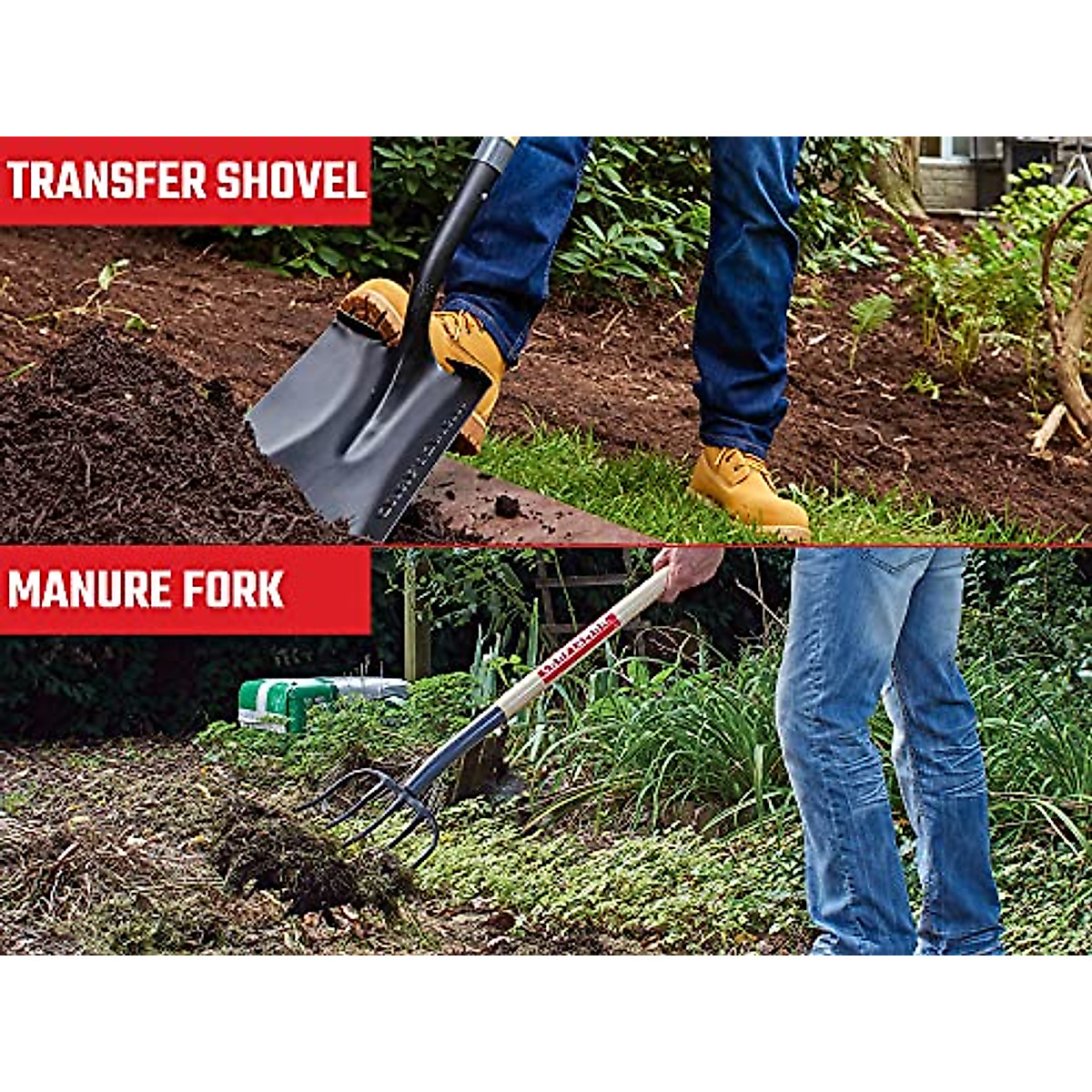 CRAFTSMAN CMXMKIT0070 2-Piece Long Wood Handle Composting Tool Set with Transfer Shovel and 5-Tine Manure Fork, Brown