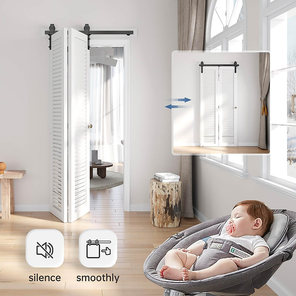 EaseLife 24" Bi-Folding Sliding Barn Door Hardware Track Kit for 2 Closet Door,Side Mount,Heavy Duty,Slide Smoothly Quietly,Easy Install,Black,No Door (Track Length 28" for Double 12" Wide Door)