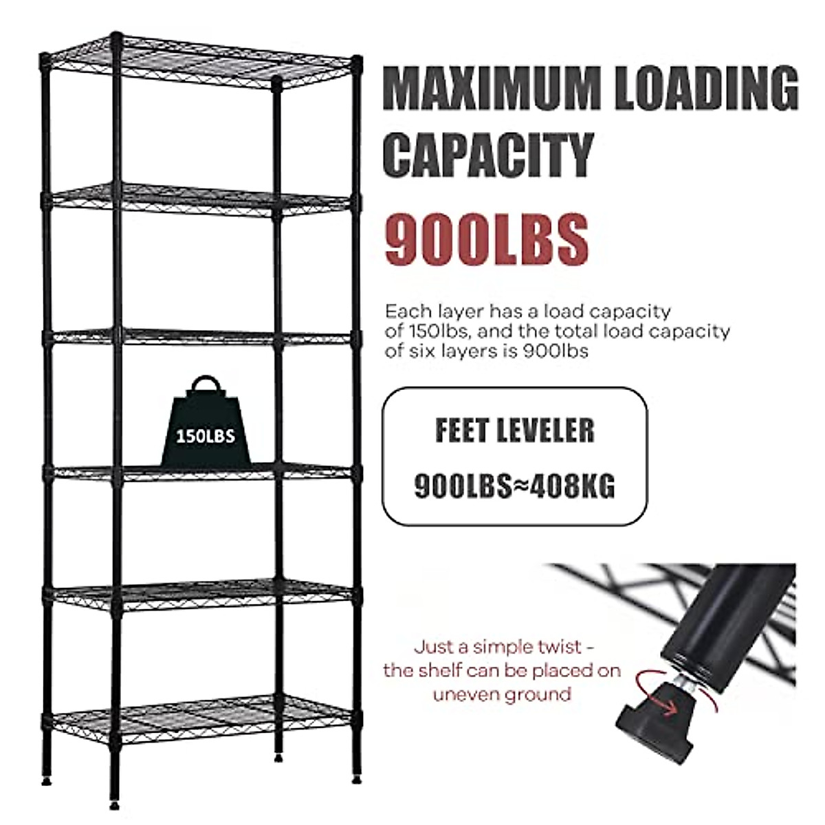 NChanmar 6-Tier Wire Shelving Unit Storage Shelves Metal Shelves 60"x23"x13" Heavy Duty Metal Storage Rack Wire Rack NSF Height Adjustable for Home Kitchen Bathroom Garage Shelving(Black)