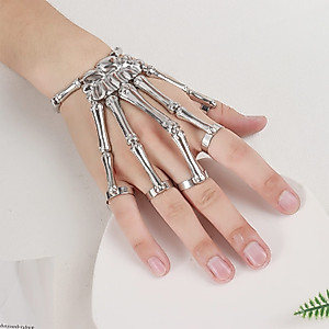 Long tiantian Skeleton Hand Bracelet Metal Skull Bracelet with Ring Hand Chain Halloween Costume Outfits Accessories for Women 2024