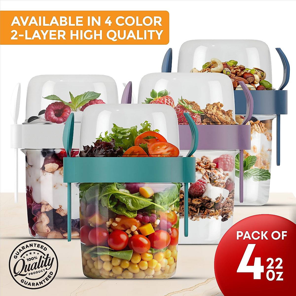 QUASLEQ 4-Pack Yogurt Parfait Cups - with Lids and Spoons - Reusable Yogurt Containers for On-the-Go - Portable Yogurt Cups with Topping Storage - Ideal for Oatmeal and Breakfast Prep (22 oz-650 Ml)