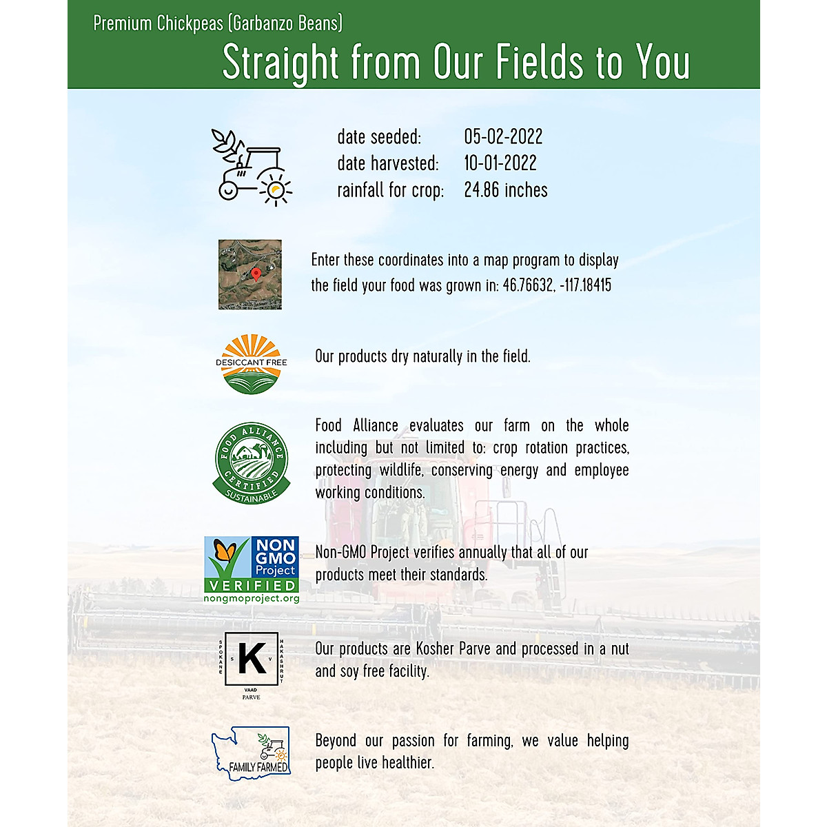 Chickpeas | Garbanzo Beans | 5 LBS | Family Farmed in Washington State | Desiccant Free | Non-GMO Project Verified | Kosher Parve | USA Grown | Field Traced | Burlap Bag