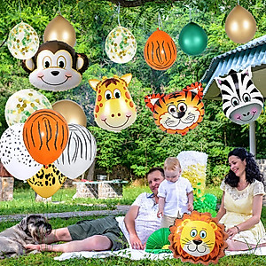 NAIWOXI Safari Birthday Decorations 90PcsSet Jungle Theme Party Supplies Set Including Animal Foil Balloons, Foil Curtains, Cake Toppers, Banner, Jungle Balloon Garland Kit, Safari Baby Shower