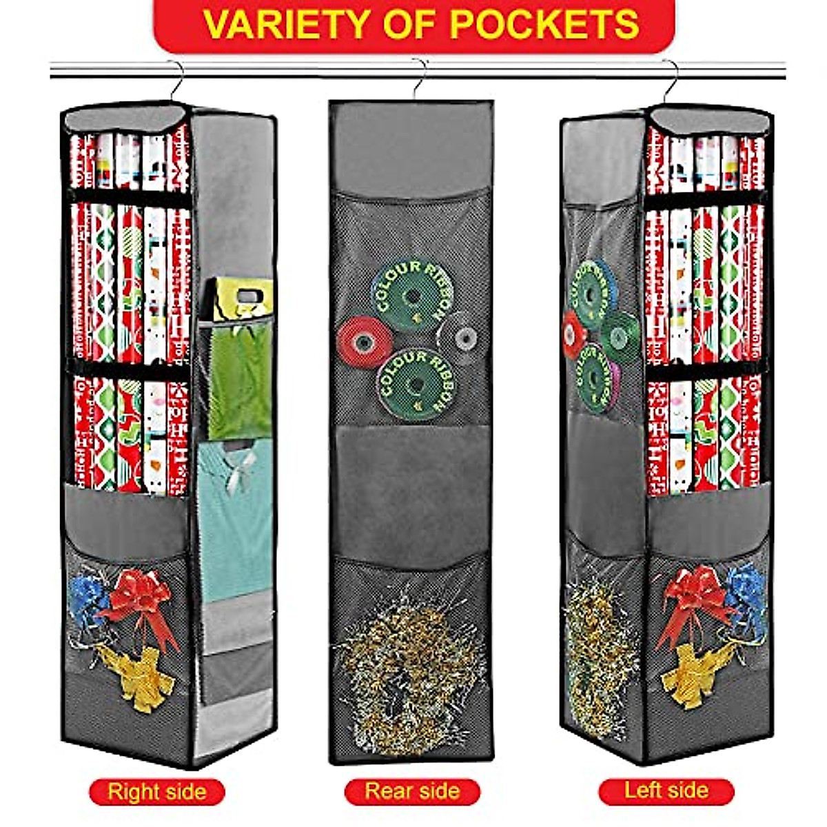 ProPik Holiday Hanging Wrapping Paper Storage Bag Organizer Swivel Hanger 360 Degree Multiple Mesh Pockets And Loops Holds Up To 25 Rolls 40 Inch Plus Space For Ribbons Bows And Gift Wrap (Gray)