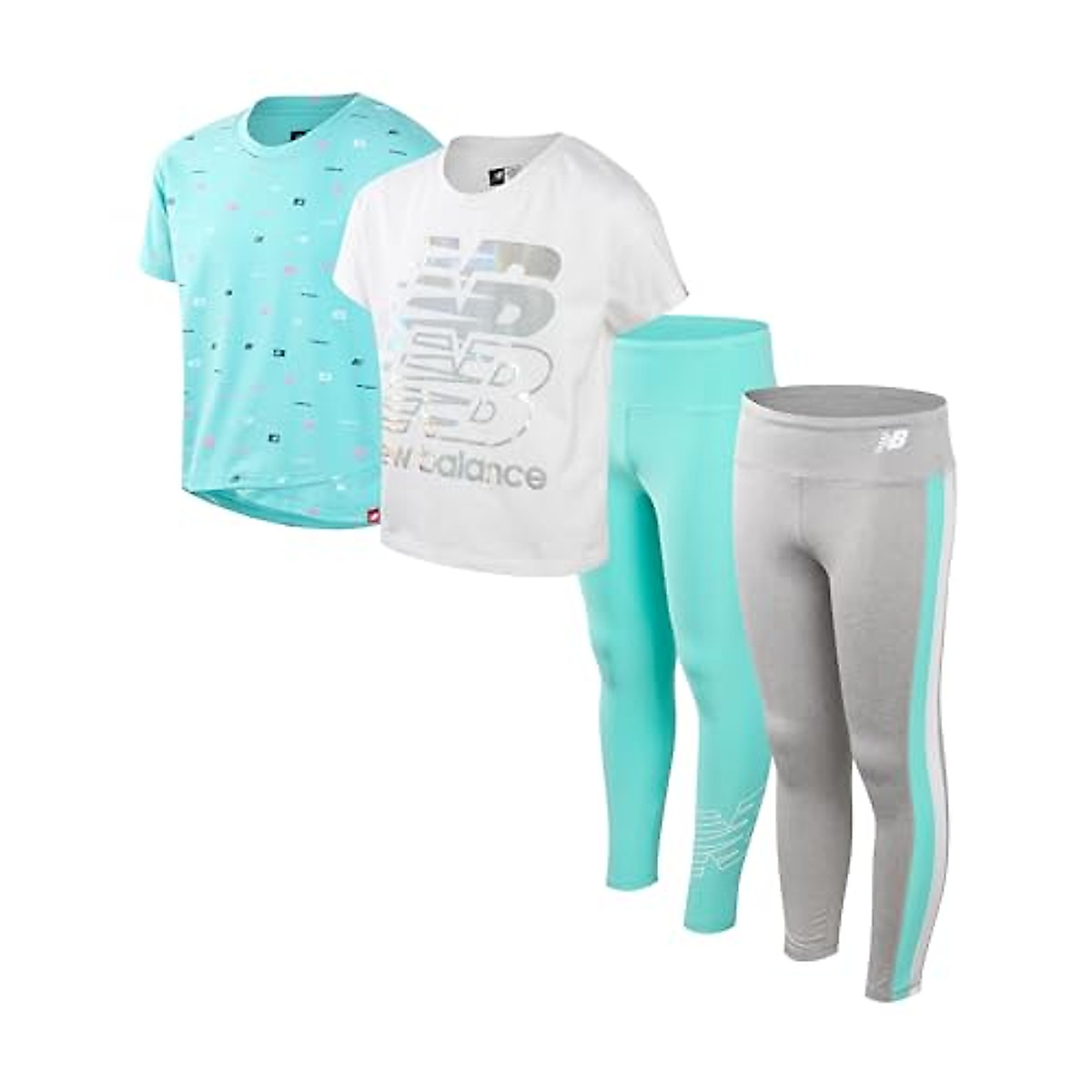 New Balance Girls' Legging Set - 4 Piece Short Sleeve T-Shirt and Leggings Set (7-16), Size 10-12, Surf/White/Grey
