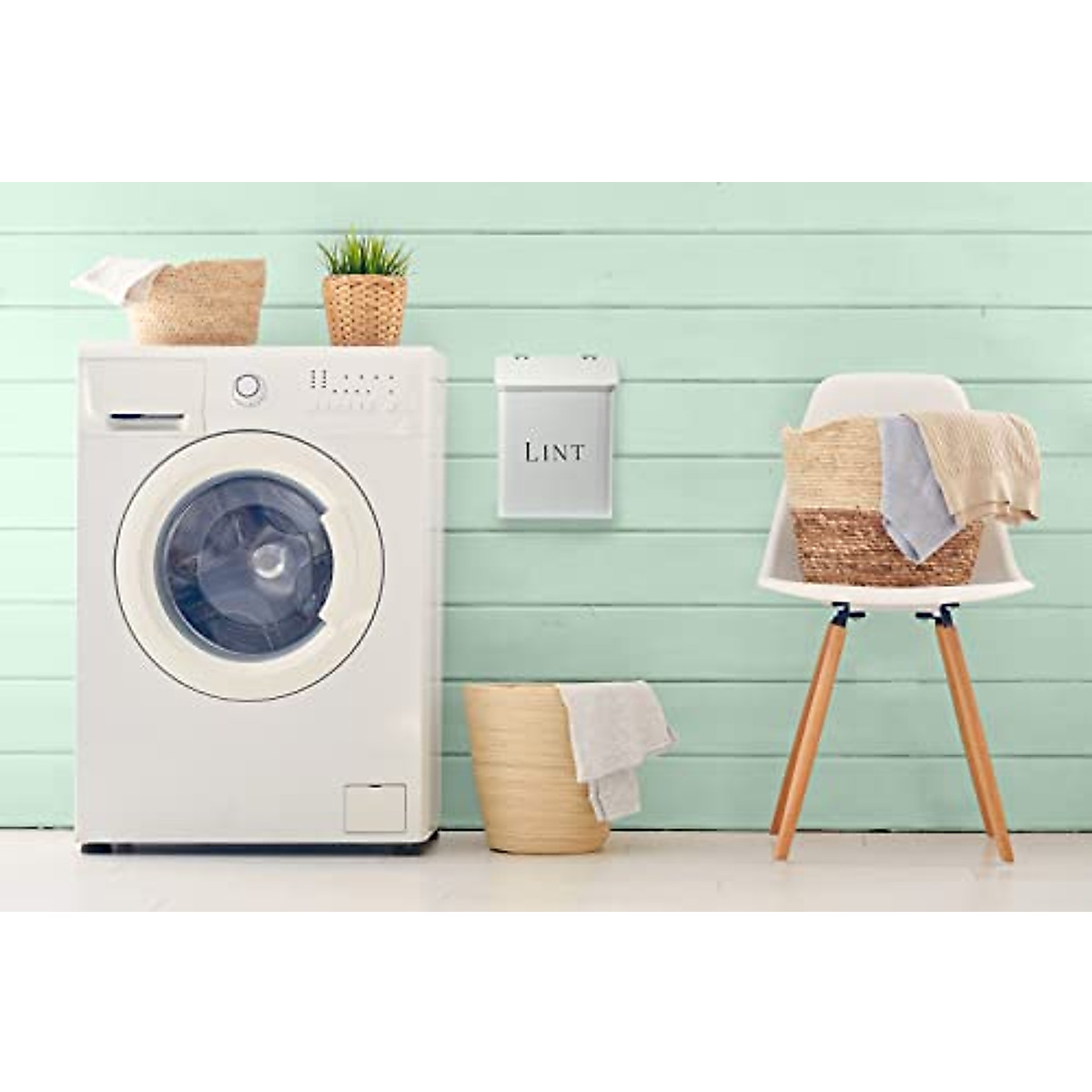 MOUNT DELECTABLE Magnetic Lint Bin for Laundry Room, Wall Mounted Lint Box Holder Trash Can with Lid for Dryer, Lint Basket for Laundry Room, Farmhouse Style Laundry Storage and Organization